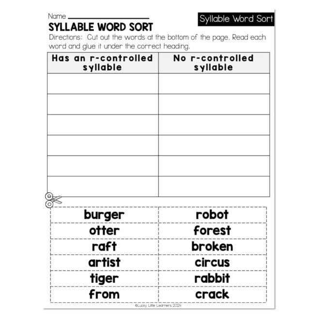 Lucky to Learn Phonics - Syllables - R-Controlled Syllables - Word Sort ...