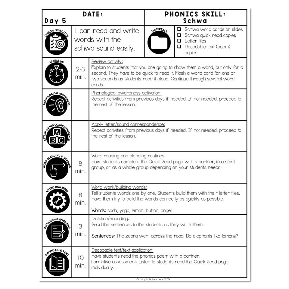 Lucky to Learn Phonics - Syllables - Schwa Syllables - Lesson Plan Day ...