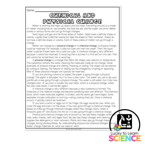 Lucky to Learn Science - Chemical and Physical Change - Reading Passage ...