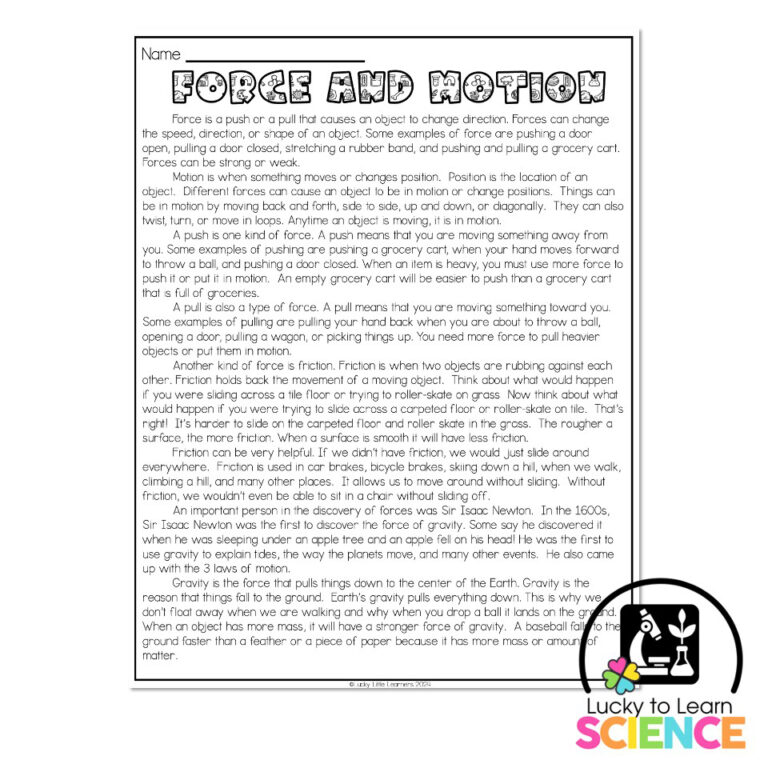 Lucky to Learn Science - Force and Motion - Reading Passage Article ...