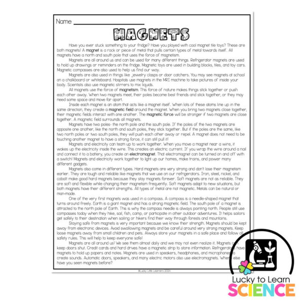 Lucky to Learn Science - Magnets - Reading Passage Article - Lucky ...