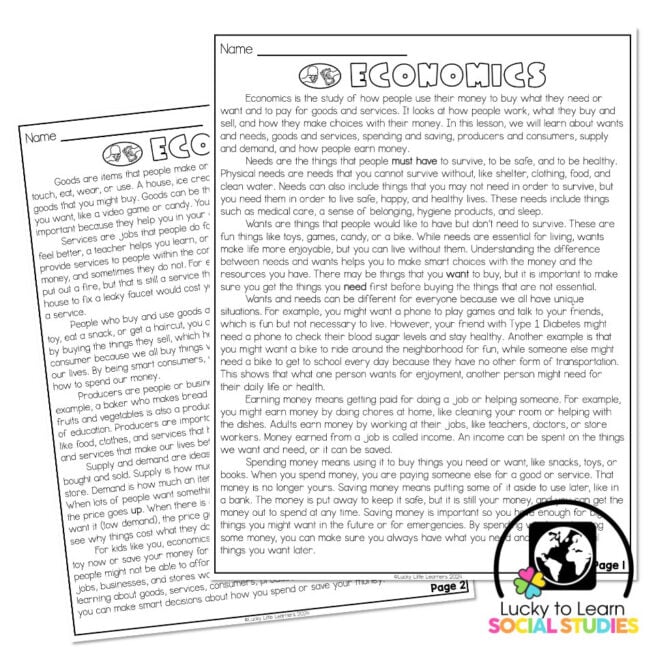 Lucky to Learn Social Studies - Economics - Reading Passage Article ...