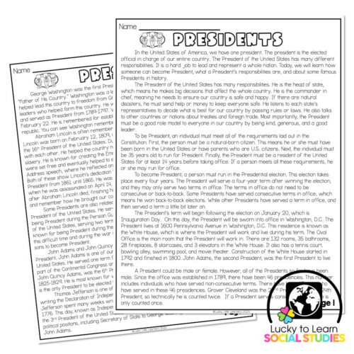 Lucky to Learn Social Studies - Presidents - Reading Passage Article ...