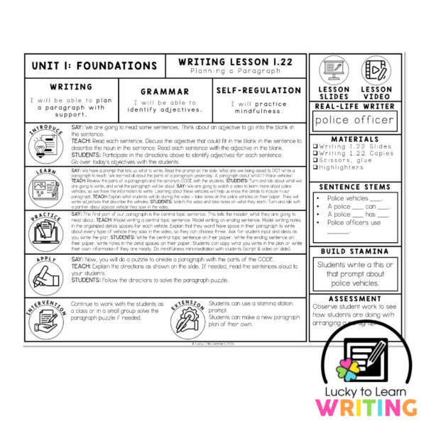 Lucky to Learn Writing - Unit 1 Foundations - Writing 1.22 - Plan a ...