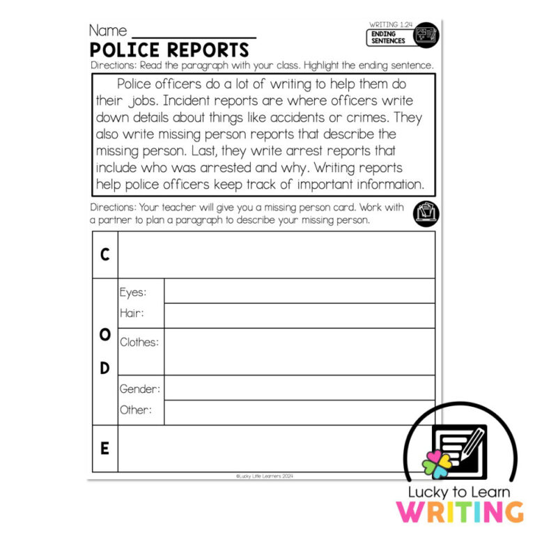 Lucky to Learn Writing - Unit 1 Foundations - Writing 1.24 - Ending ...