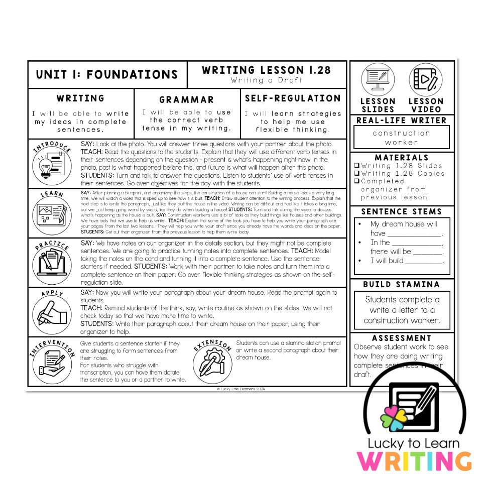 Lucky to Learn Writing - Unit 1 Foundations - Writing 1.28 - Revise ...