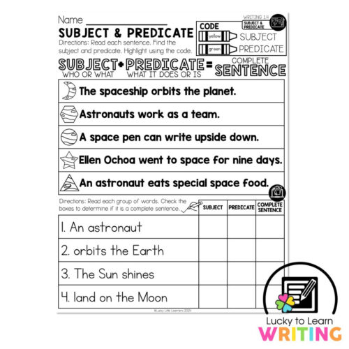 Lucky to Learn Writing - Unit 1 Foundations - Writing 1.4 - Subject and ...