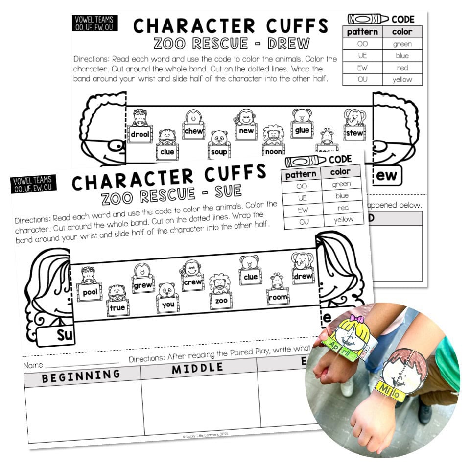 Paired Play - Character Cuffs - Diphthongs or Vowel Teams OO UE EW OU ...