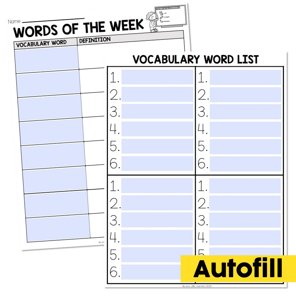 Vocabulary Activities - Autofill Vocabulary Activity Pack - Lucky ...