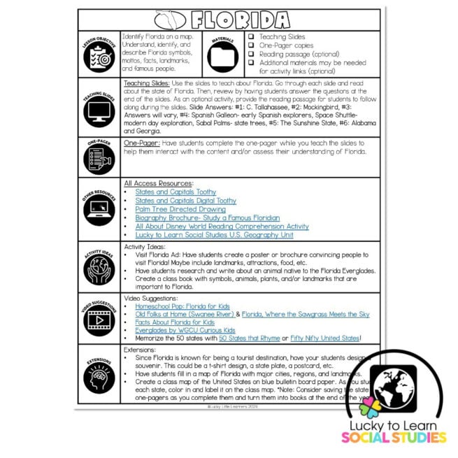 Lucky to Learn Social Studies - US States - Florida - Teacher's Guide ...