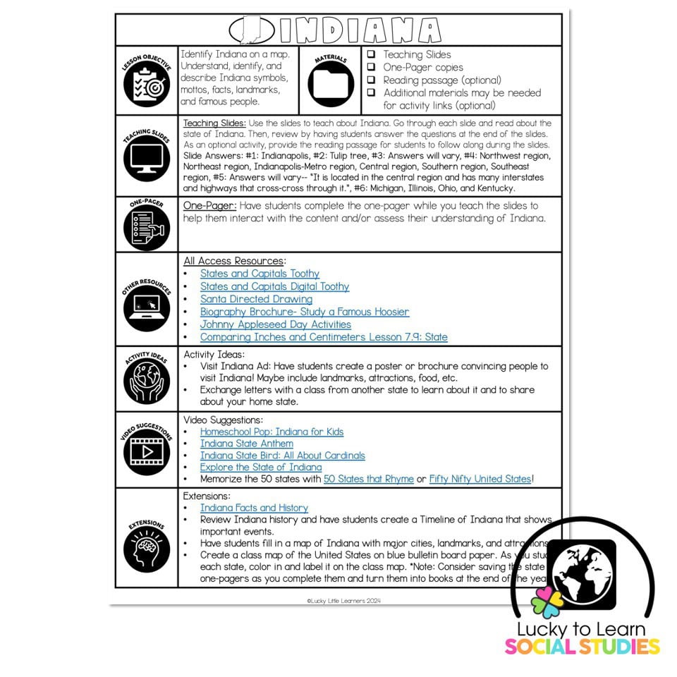 Lucky to Learn Social Studies - US States - Indiana - Teacher's Guide ...