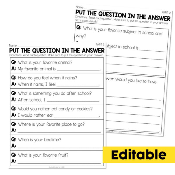 Editable Put the Question in the Answer - Lucky Little Learners