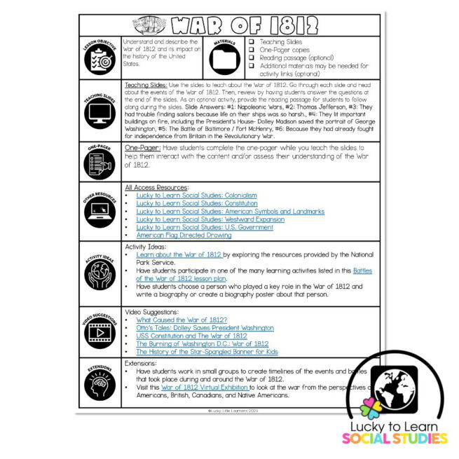 Lucky to Learn Social Studies - War of 1812 - Teacher's Guide - Lucky ...