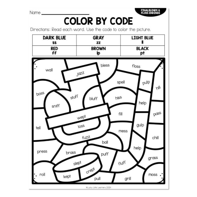 Phonics Color by Code - Final Blends and Floss Endings - Hockey - Lucky ...