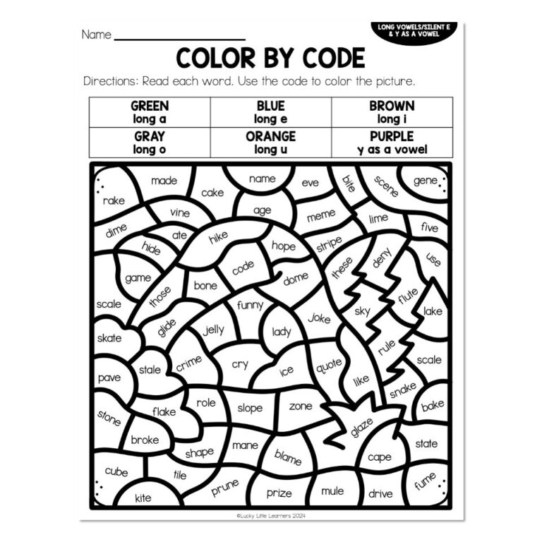 Phonics Color by Code - Long Vowels Silent E and Y as a Vowel - Cave ...