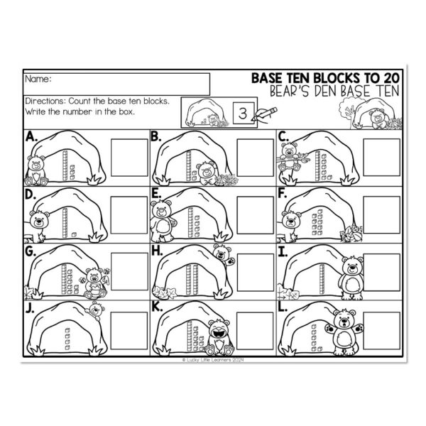 Base Ten Blocks to 20 - Bear's Den Base Ten Worksheet - Lucky Little ...