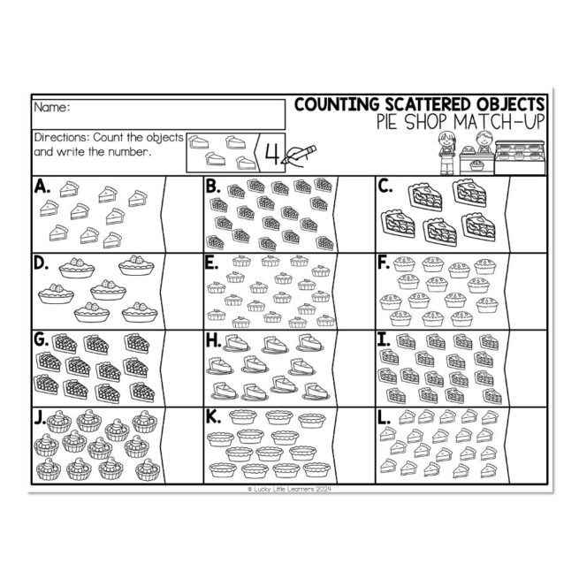 Counting Scattered Objects - Pie Shop Match-Up Worksheet - Lucky Little ...