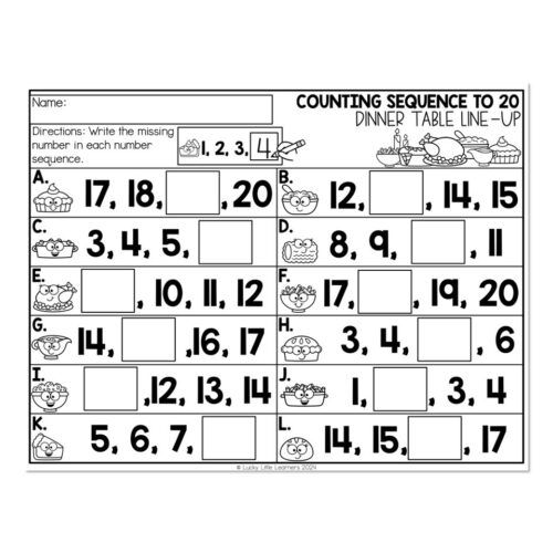 Counting Sequence to 20 - Dinner Table Line-Up Worksheet - Lucky Little ...