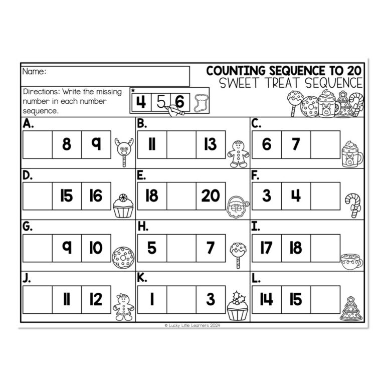 Counting Sequence to 20 - Sweet Treat Sequence Worksheet - Lucky Little ...