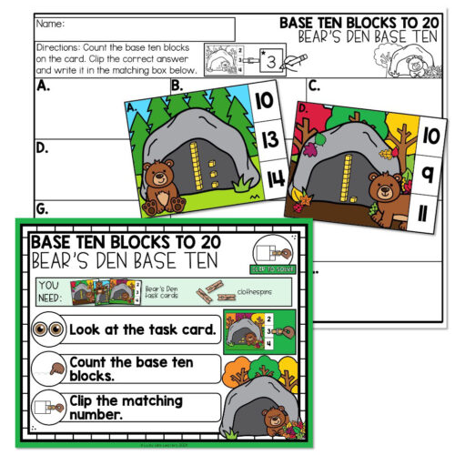 Kindergarten Math Center - November - Base Ten Blocks to 20 - Bear's ...