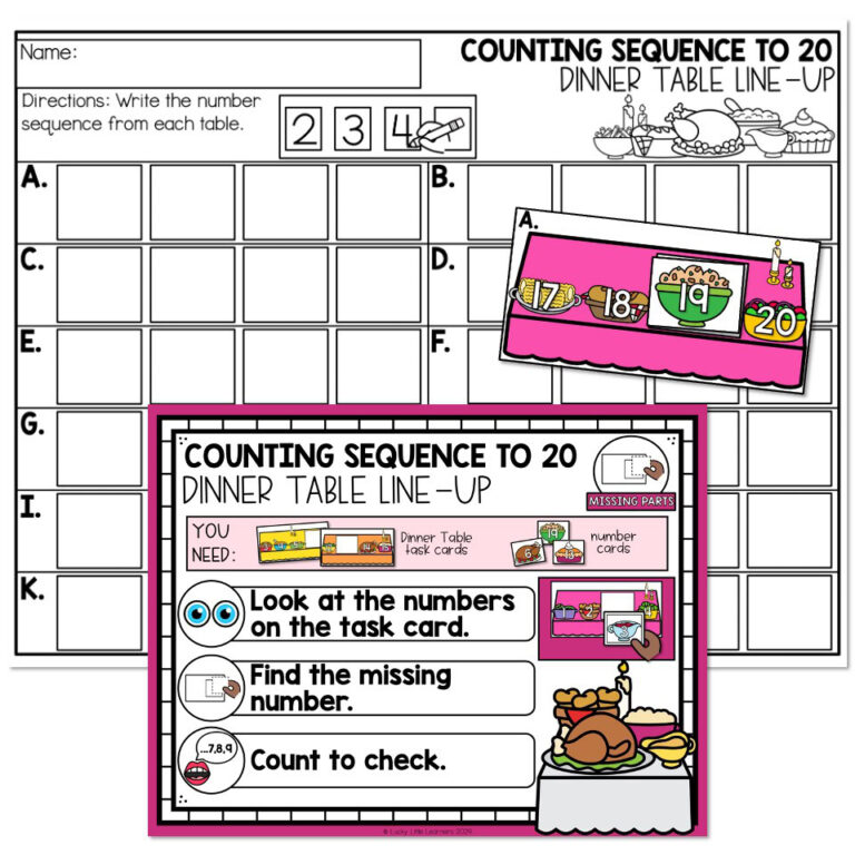 Kindergarten Math Center - November - Counting Sequence to 20 - Dinner ...