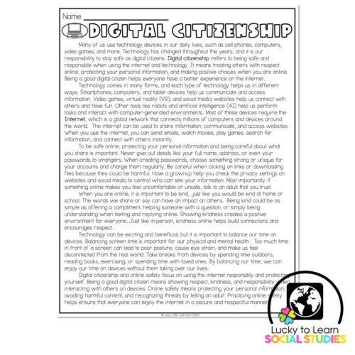 Lucky to Learn Social Studies - Digital Citizenship - Reading Passage ...