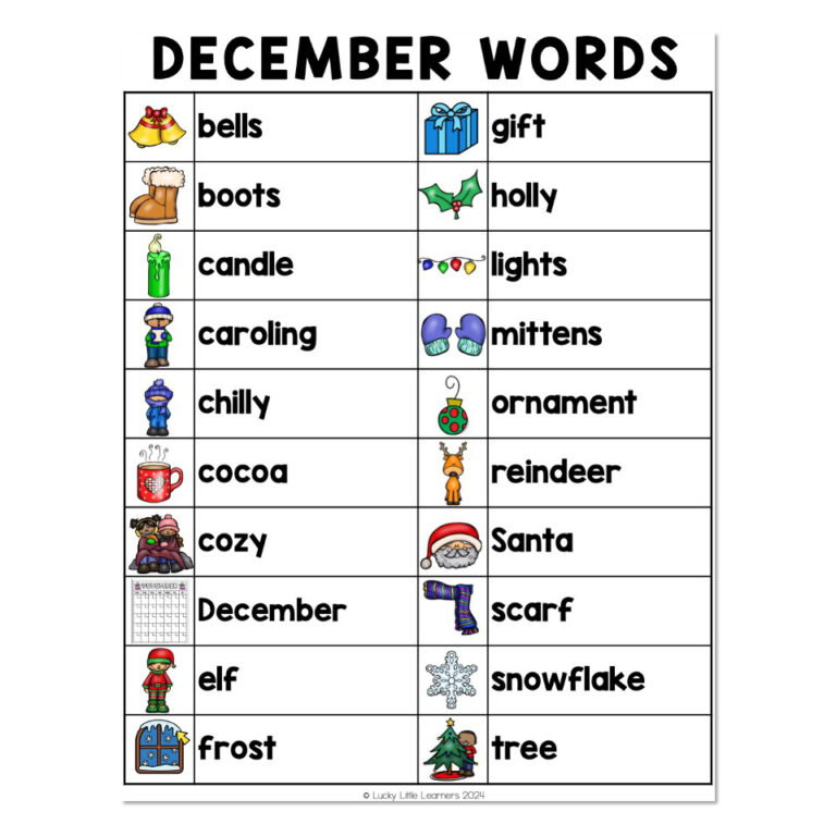 Monthly Writing Centers - December - Word List - Lucky Little Learners