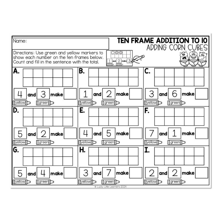 Ten Frame Addition to 10 - Adding Corn Cubes Worksheet - Lucky Little ...
