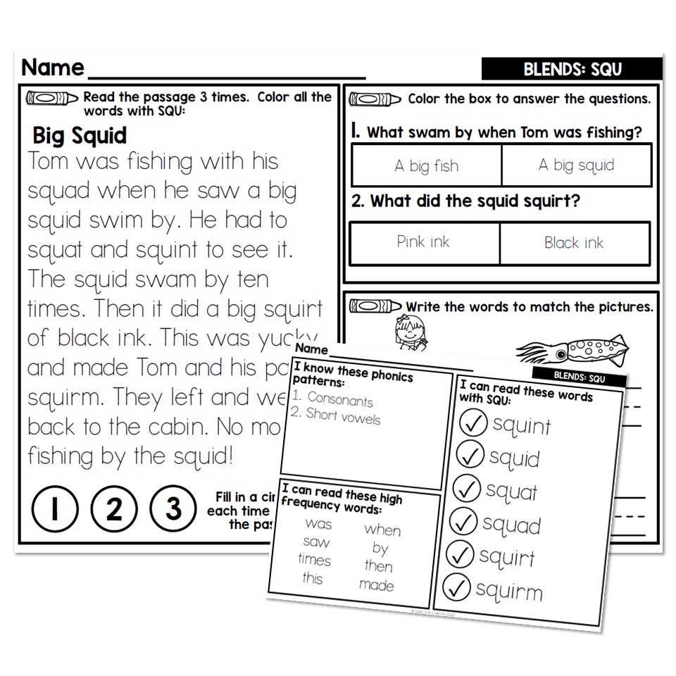 1st Grade Decodable Phonics Passage - Beginning Blends - SQU - Lucky ...