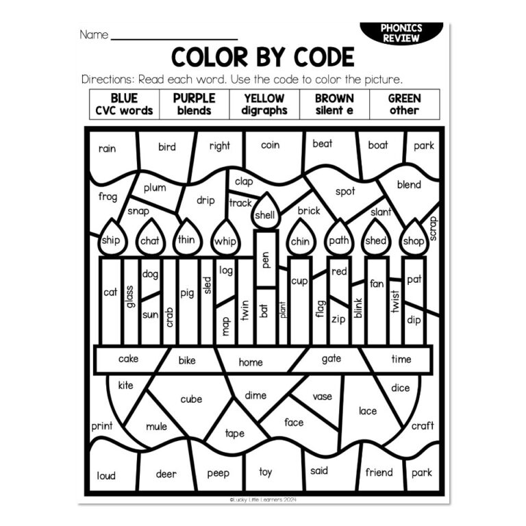 Color by Code - Phonics Review - Hanukkah Menorah - Lucky Little Learners