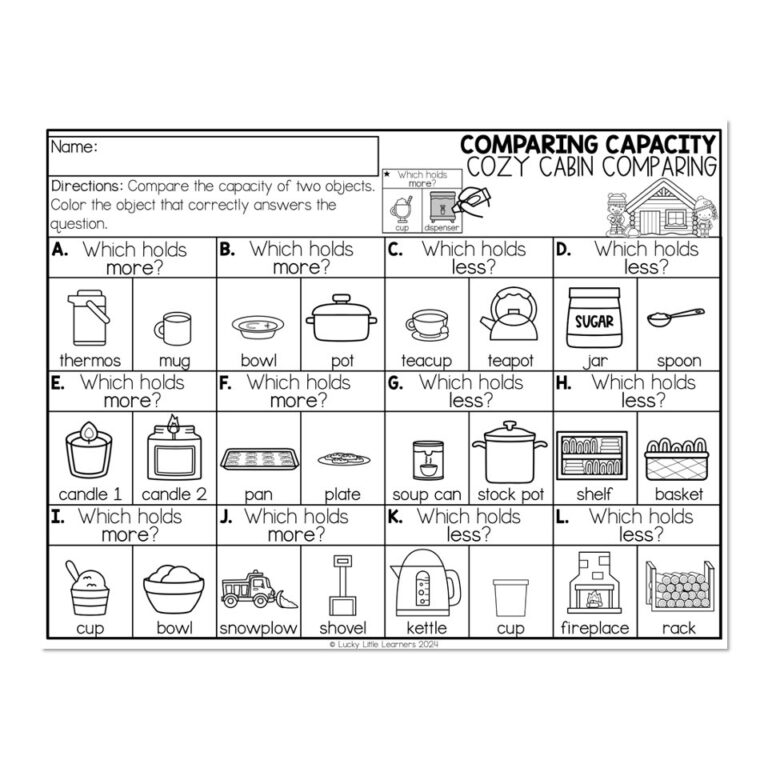 Comparing Capacity - Cozy Cabin Comparing Worksheet - Lucky Little Learners