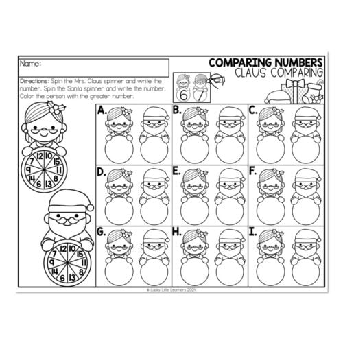 Comparing Numbers to 15 - Claus Comparing Worksheet - Lucky Little Learners