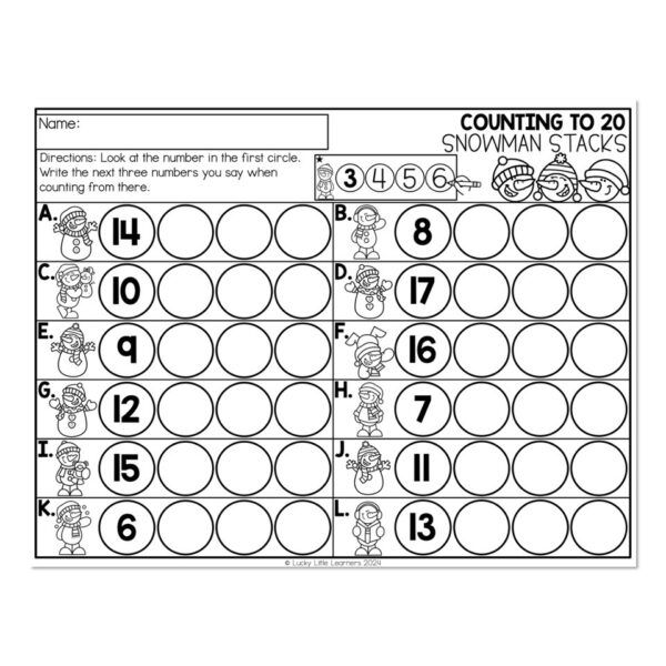 Counting to 20 - Snowman Stacks Worksheet - Lucky Little Learners