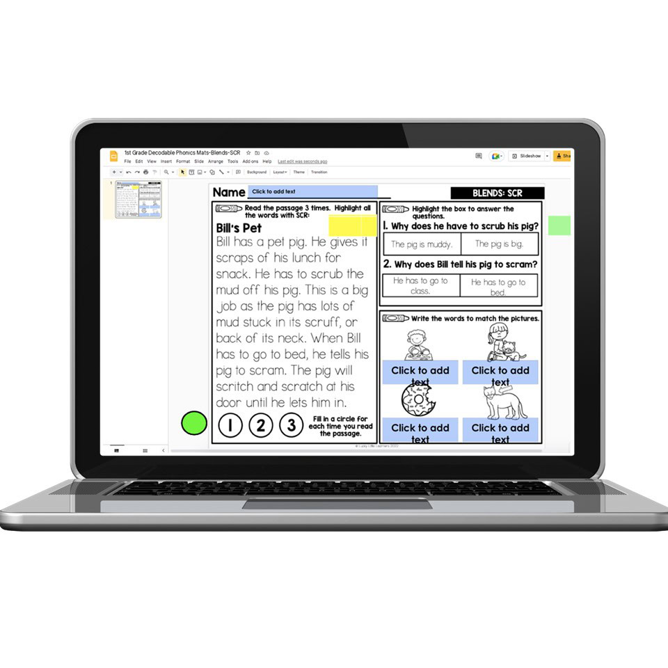 Digital 1st Grade Decodable Phonics Passage - Blends - SCR - Lucky ...