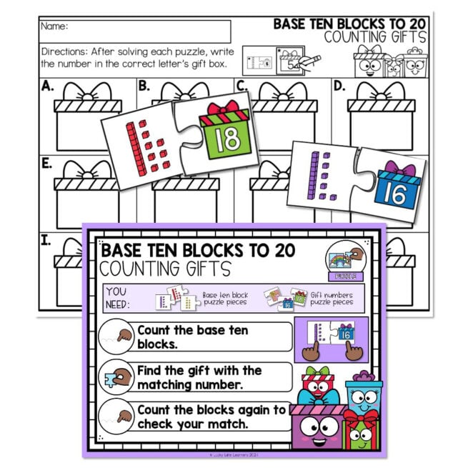 Kindergarten Math Center - December - Base Ten Blocks to 20 - Counting ...
