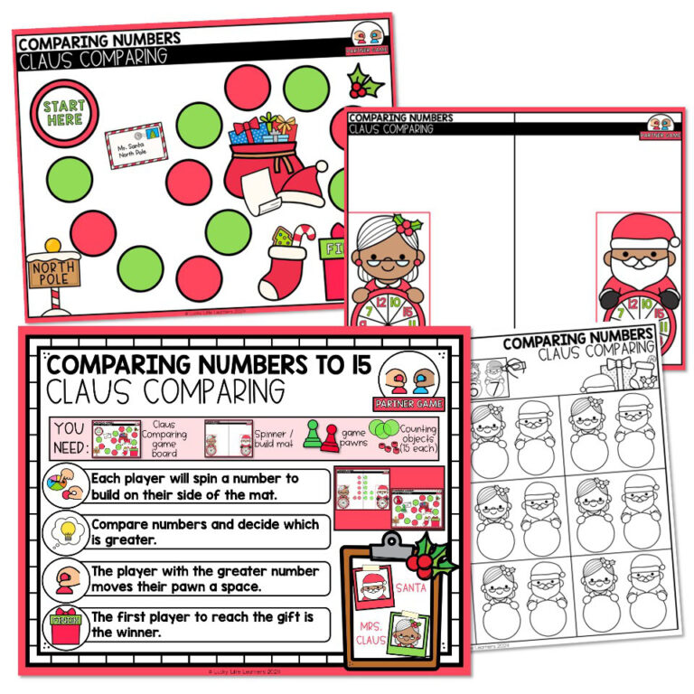 Kindergarten Math Center - December - Comparing Numbers to 15 - Claus ...