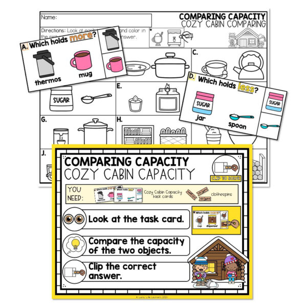 Kindergarten Math Center - January - Comparing Capacity - Cozy Cabin ...