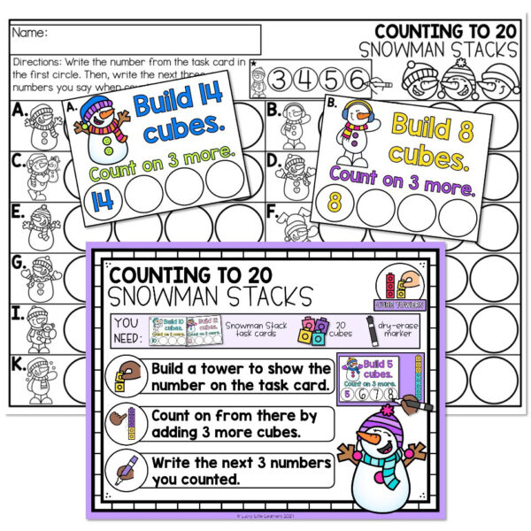 Kindergarten Math Center - January - Counting to 20 - Snowman Stacks - Lucky Little Learners