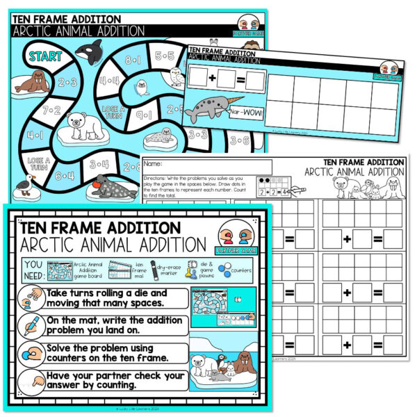 Kindergarten Math Center - January - Ten Frame Addition - Arctic Animal ...