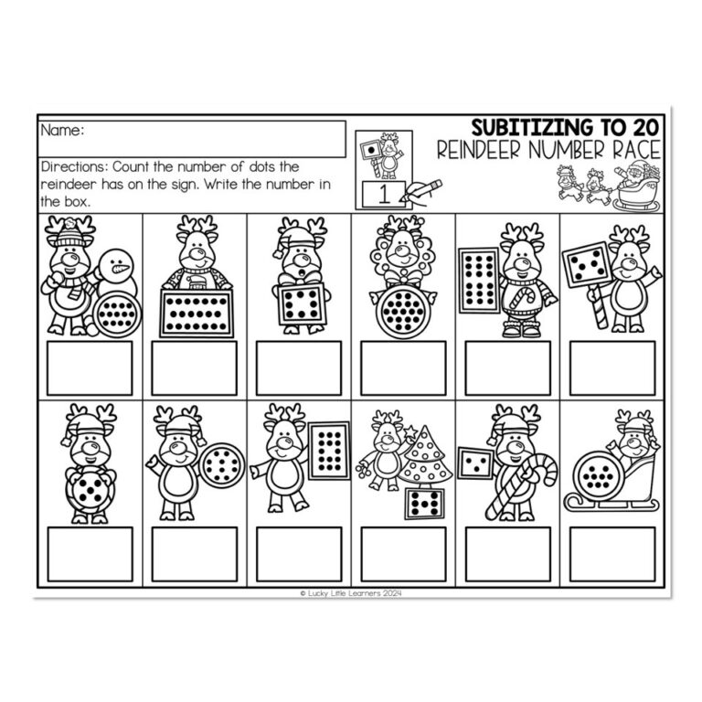 Subitizing to 20 - Reindeer Number Race Worksheet - Lucky Little Learners