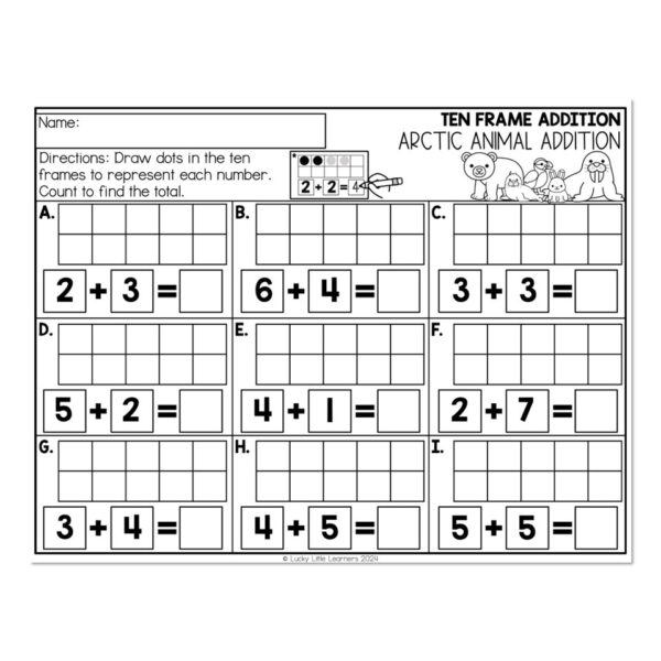Ten Frame Addition - Arctic Animal Addition Worksheet - Lucky Little ...