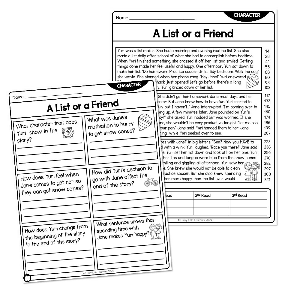 2nd Grade Character Reading Passage - A List or a Friend - Above ...