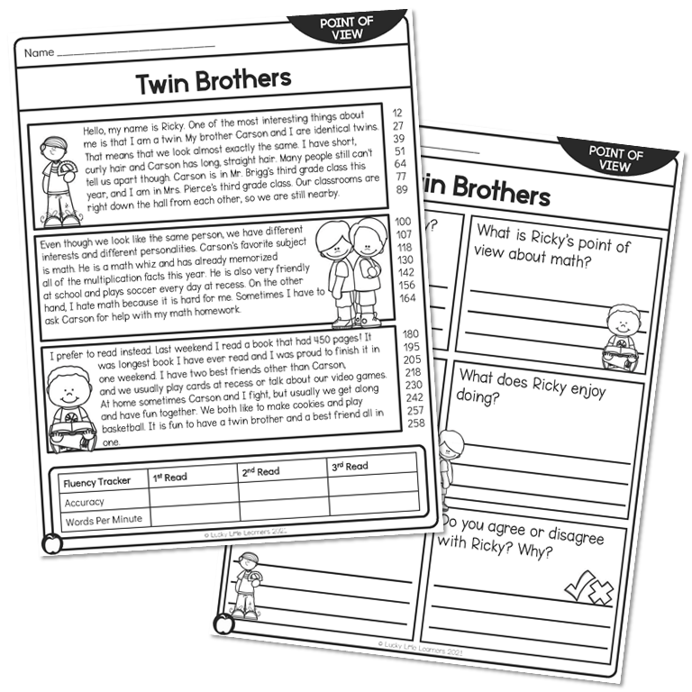 2nd Grade Point of View Reading Passage - Twin Brothers - Above - Lucky ...