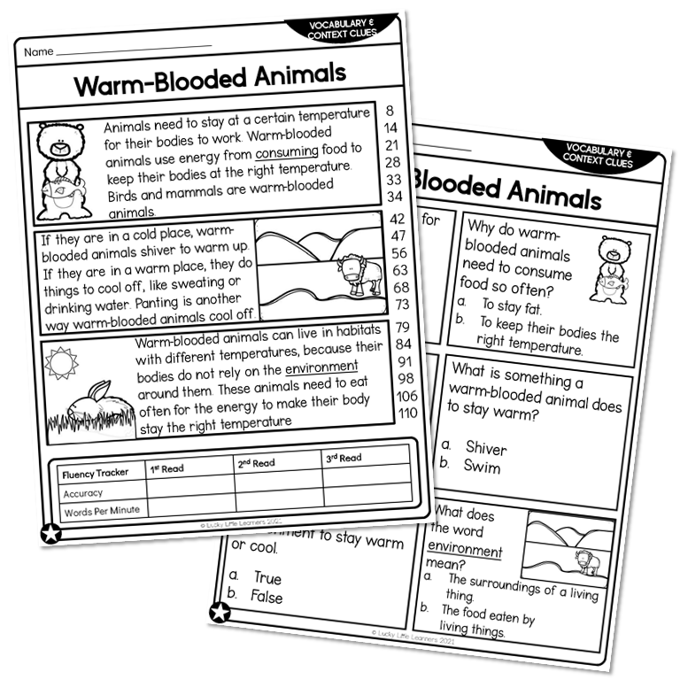 2nd Grade Vocabulary and Context Clues - Warm-Blooded Animals - Below ...