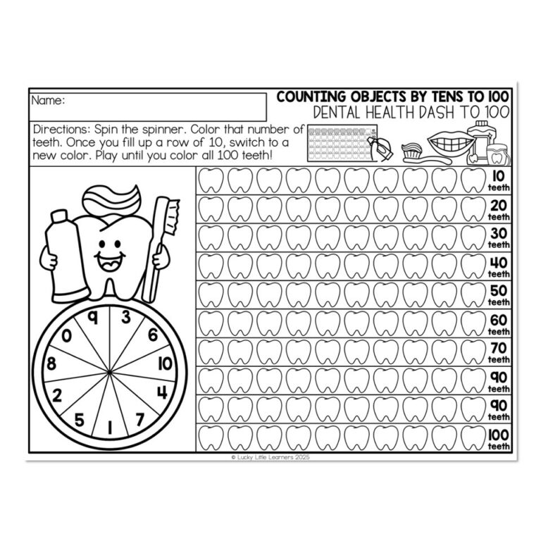 Math Worksheet - Counting Objects by Tens to 100 - Dental Health Dash ...