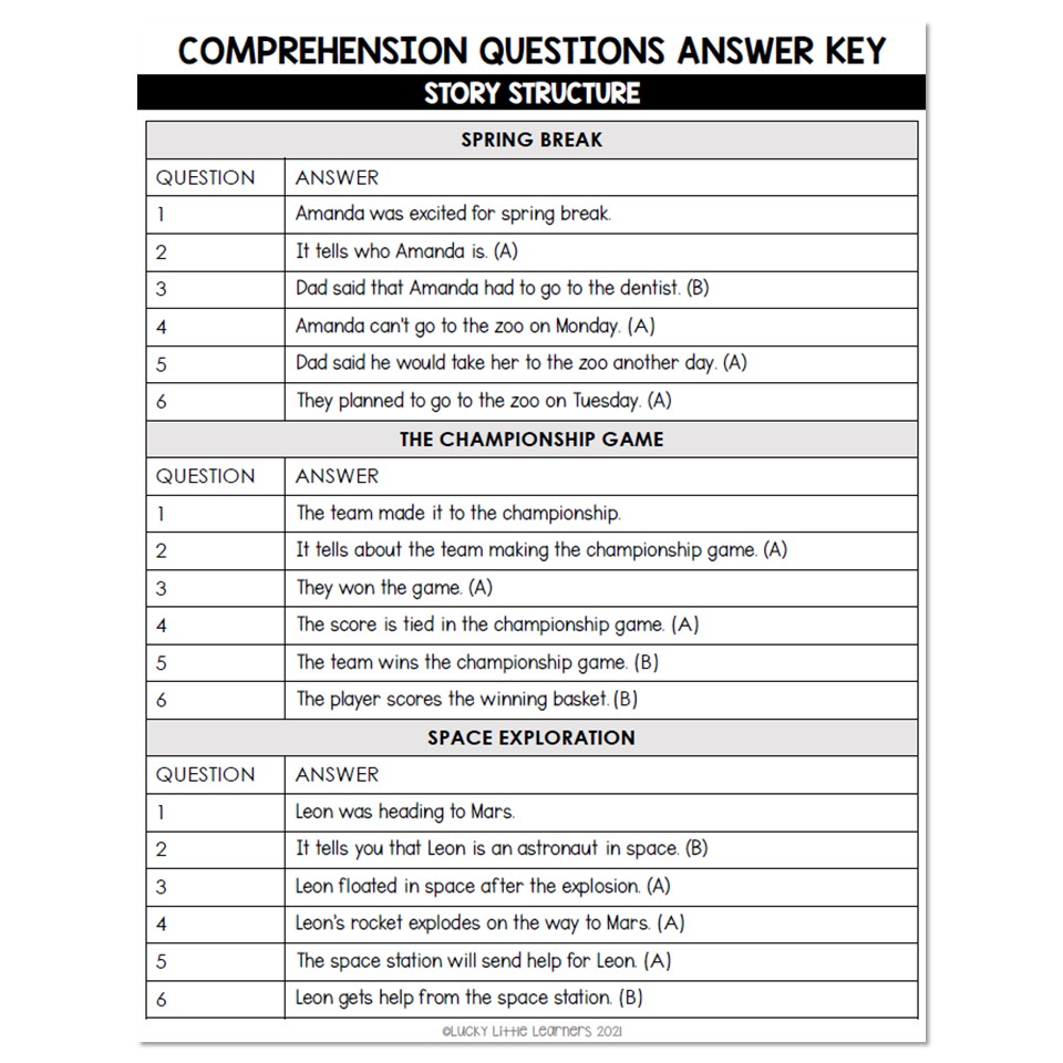 Digital 2nd Grade Reading Passage - Story Structure - Answer Key ...