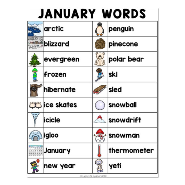 Editable Monthly Word List-January - Lucky Little Learners