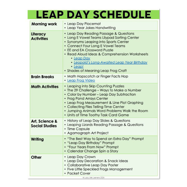 Leap Year - Leap Day - Schedule - Lucky Little Learners
