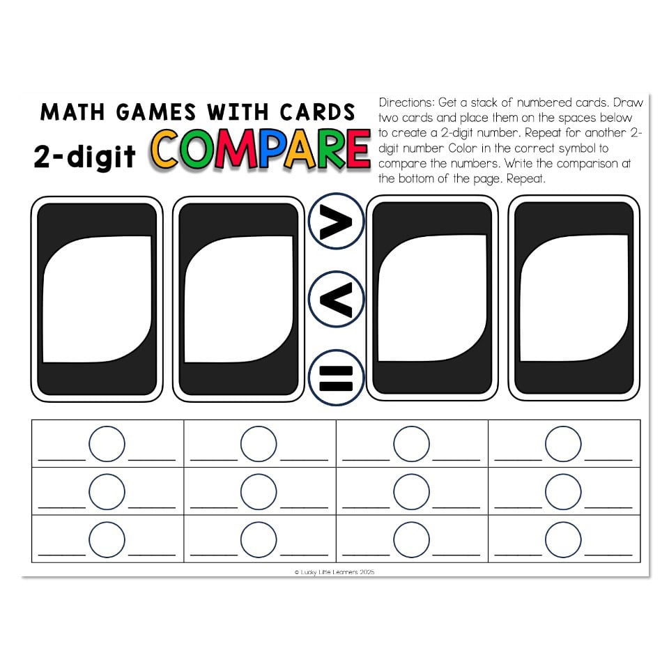 Math Games with Cards - Greater or Less Than - 2-Digit Compare Numbers ...