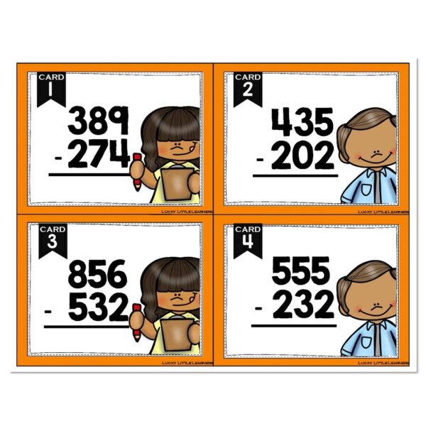 Math Task Cards - 3 Digit Subtraction - Without Regrouping - Lucky ...